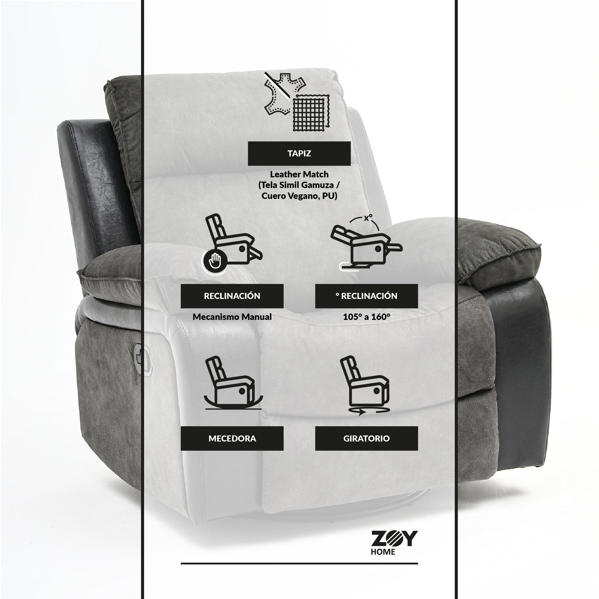 Bergere Brunei, Mecedora y Giratorio Tela Mix Negro – Zoy Home